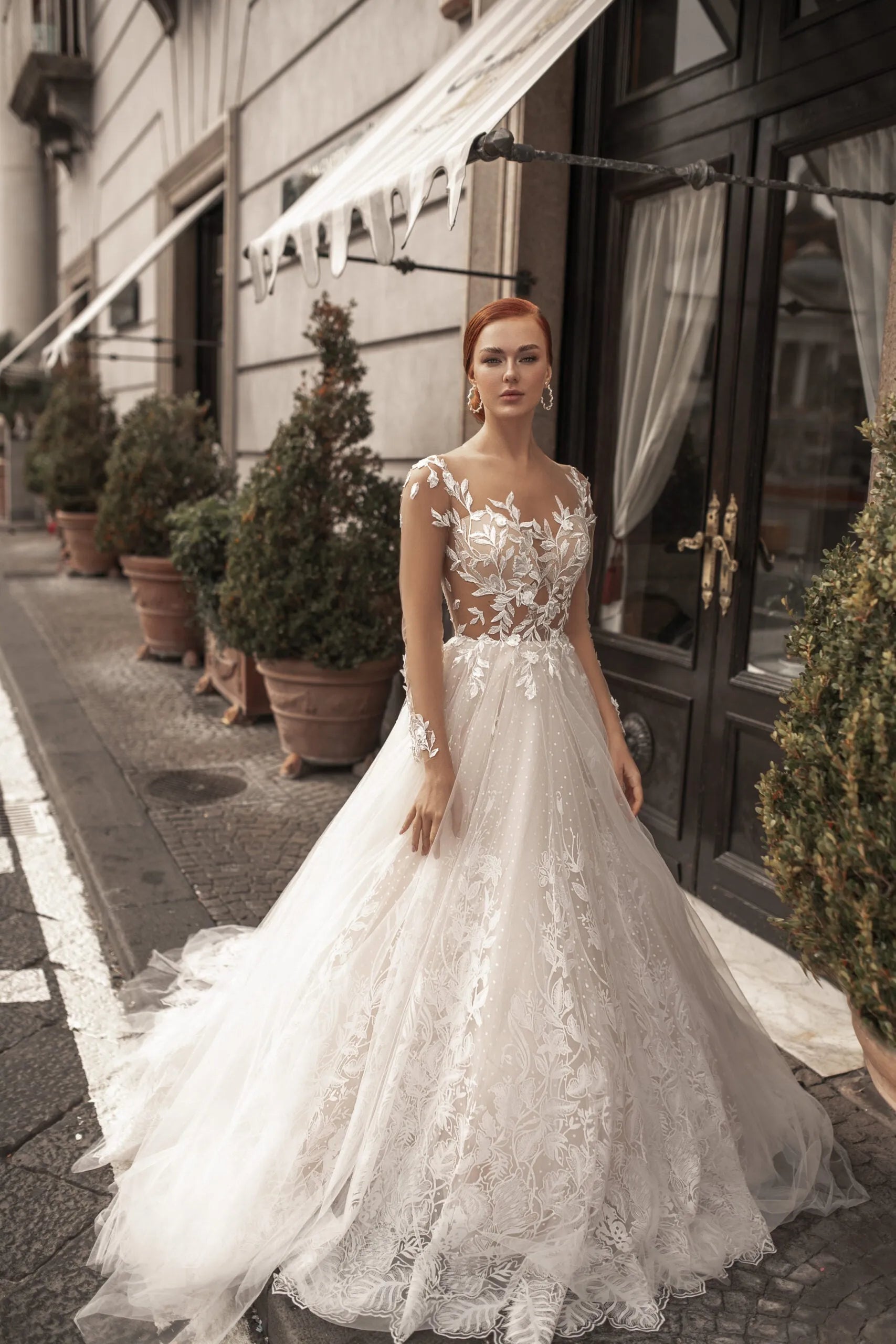 Ethereal A-Line Wedding Gown with Illusion Sleeves, Button Detailing ...