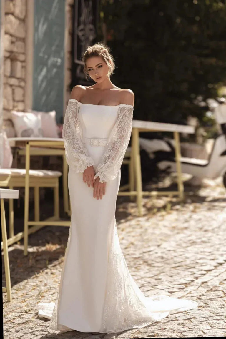 Wedding Dresses Mermaid Applique Satin Lace Puff Sleeve Bride Gown Bac ...