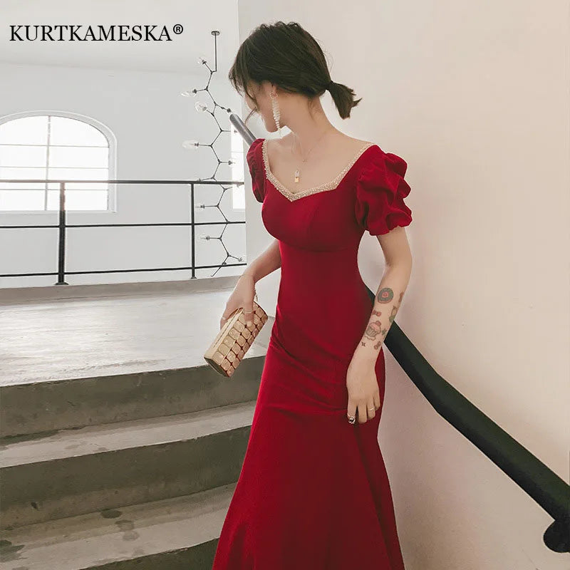 Red Satin Wedding Dresses for Bride Formal Elegant Puff Sleeve Evening ...