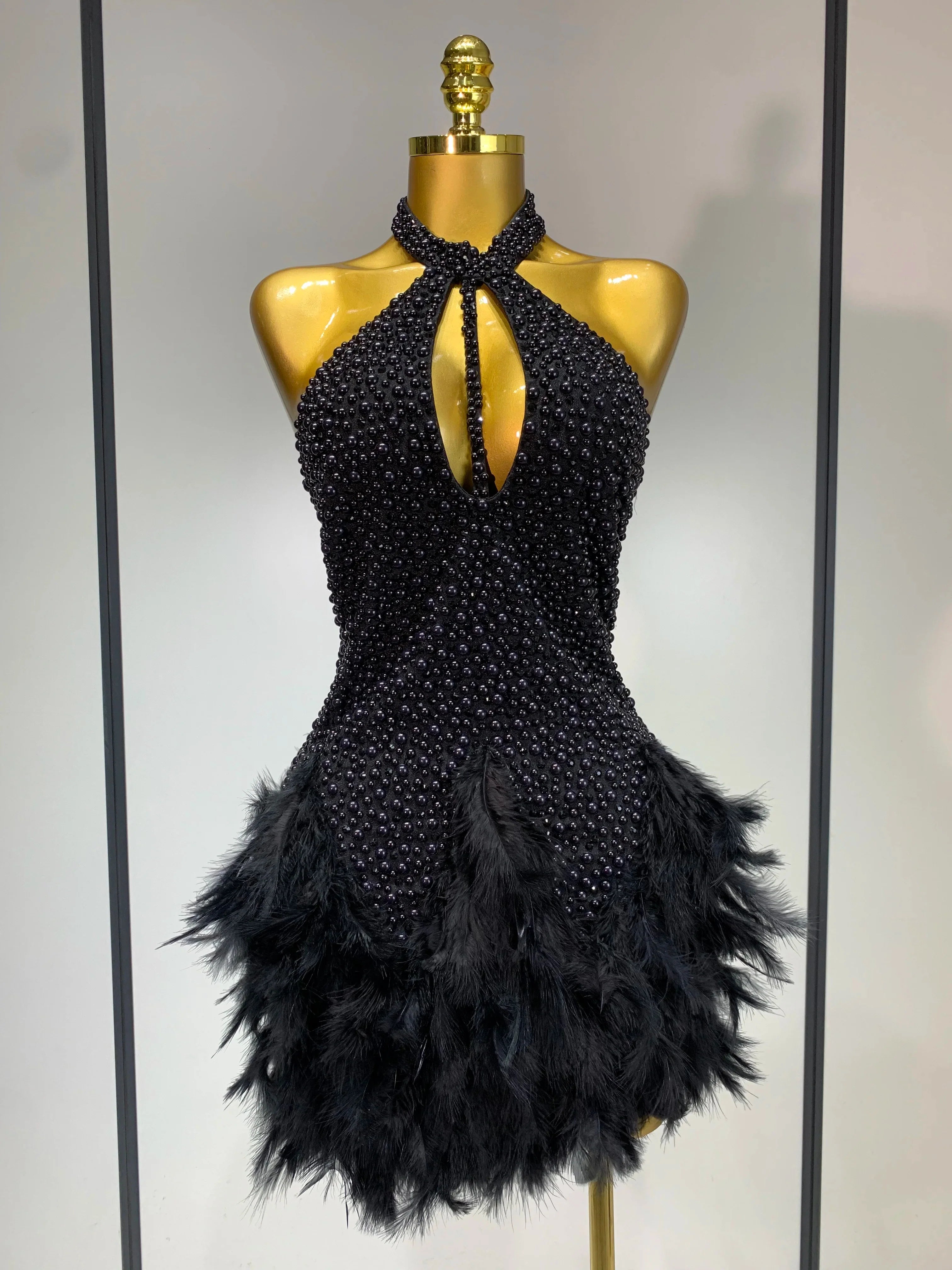 Sexy Backless Feathers Performance Costume Stage Dancer Black Mini Str ...